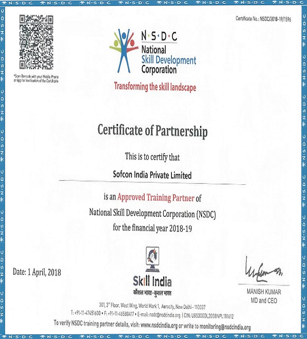 NSDC and Skill Sector Council Training Certificate of Sofcon India Pvt ...
